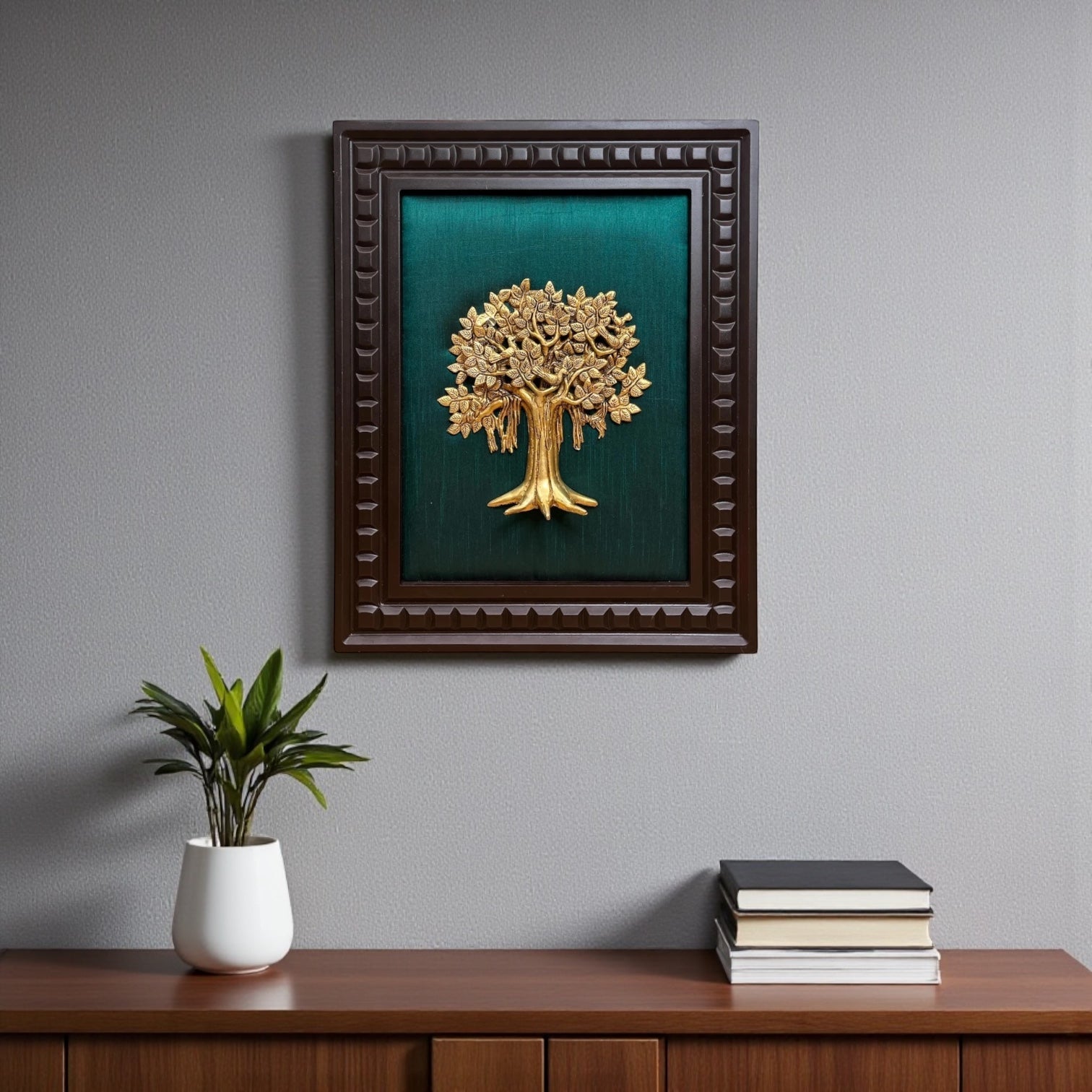 Brass Kalpavriksha with Dark green silk backdrop in wooden frame – E-Studio