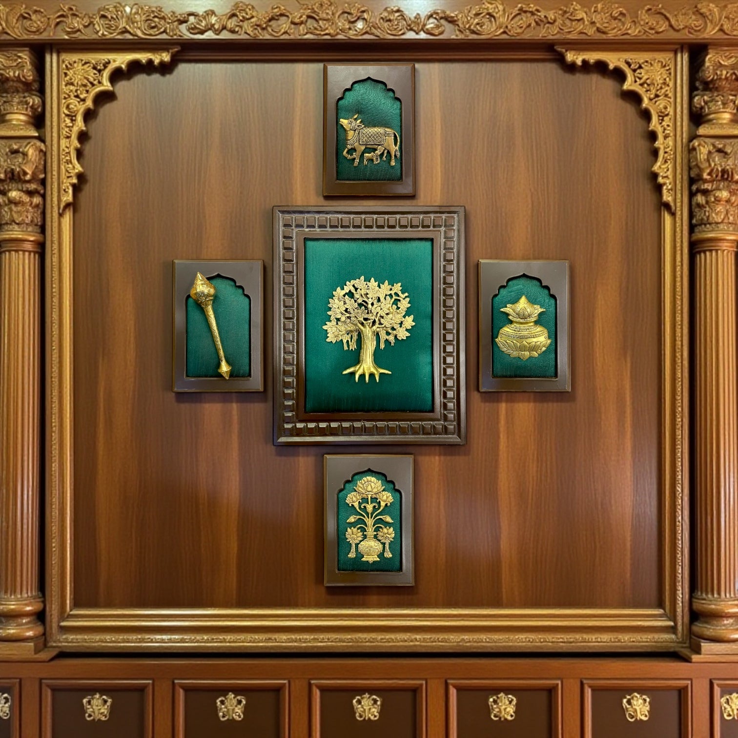 Green Wall Art Set with Kalapvriksha, Gadha, Flower pot, kamdhenu, Kub ...
