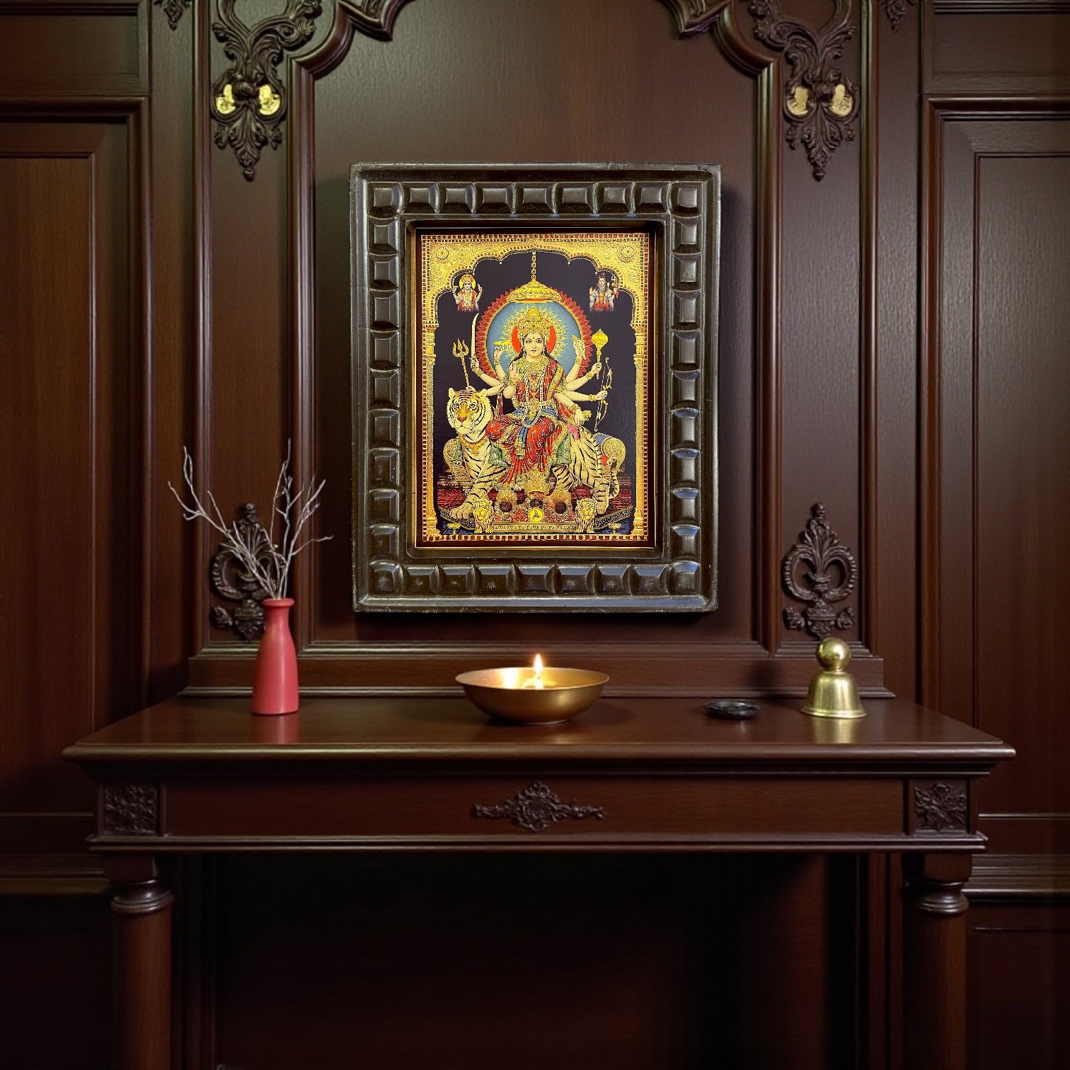 Durga Devi -7 Gold foiled artwork in wooden frame – E-Studio
