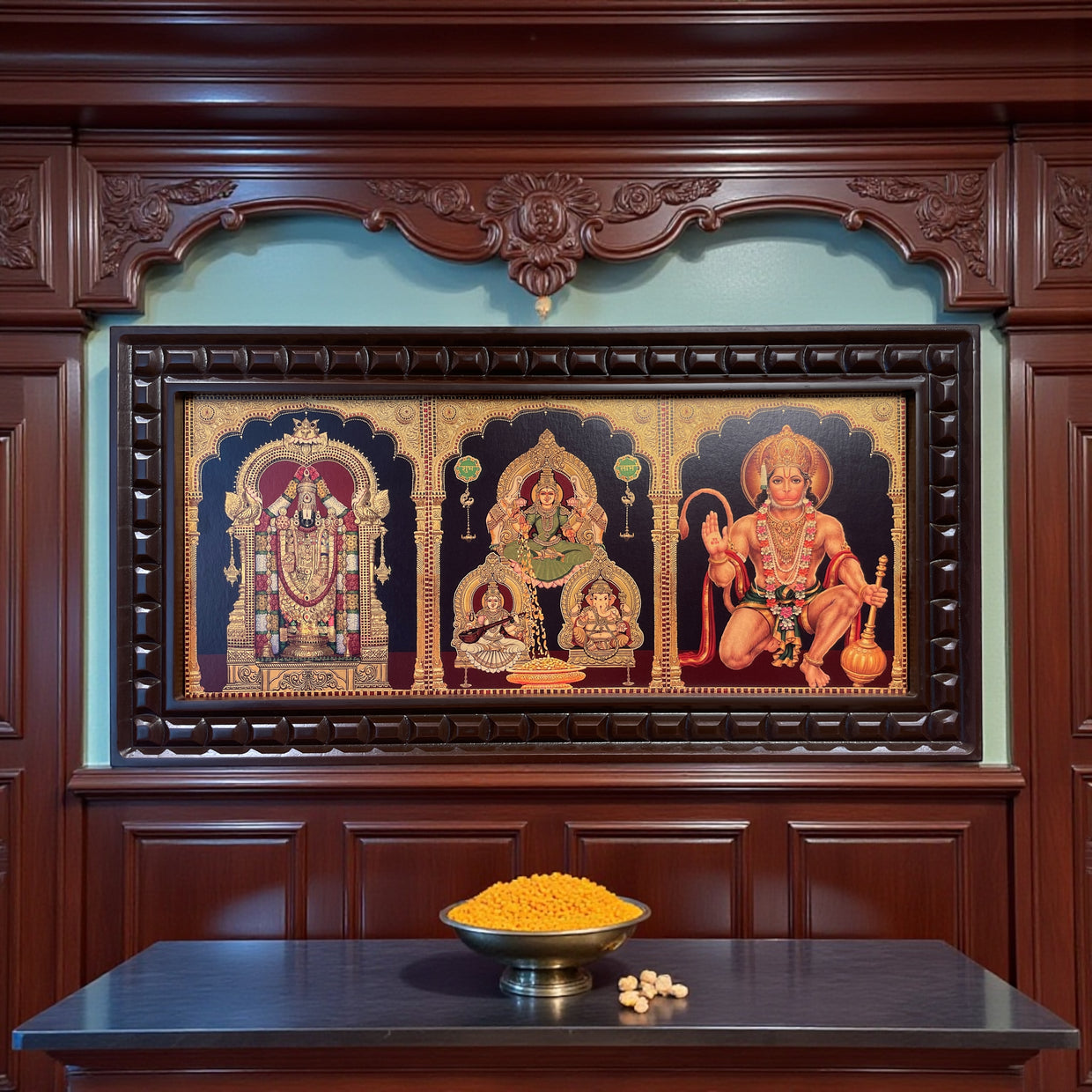 5 Gods in One Frame Gold Leafed Wall Art | Divine Pooja Décor – E-Studio